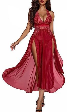 Avidlove Femmes Lingerie Col V Profond V&ecirc;tements de Nuit Une Pi&egrave;ce Sexy Chemise de Nuit Mosa&iuml;que Dentelle Robe en Maille, rouge bordeaux, M