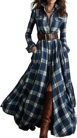 Generic Robe longue à manches longues boutonnée sur le devant pour femme, style rétro, occidental, pastoral, cowboy, col en V, boutonnée, avec poches, 03-C, X