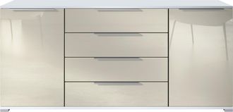 Vladon Sideboard Linio V2 - Moderne Kommode mit 2 Türen & 4 Schubladen, Weiß matt/Creme Hochglanz, 166,5 x 72,5 x 35 cm (BxHxT) - Beistellschrank Anrichte St