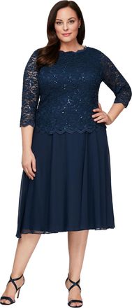 Alex Damen Plus Size Tea-length Lace Mock Dress Kleid fr besondere Anlsse, Navy, 42 Große Größen EU
