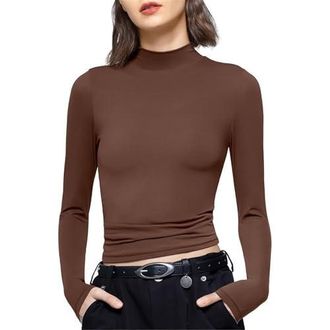 Generic T-shirt &agrave; manches longues pour fille - Noir - Crop Top &agrave; manches longues - Col roul&eacute; - Pull Y2K - Coupe ajust&eacute;e - Pull &agrave; col roul&eacute; - Haut court basiqu