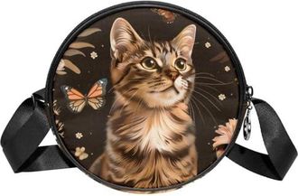 Generic Sac &agrave; bandouli&egrave;re rond pour femme, motif floral et chat avec fermeture &eacute;clair, bretelles r&eacute;glables, sac &agrave; main rond d&eacute;contract&eacute; pour femmes et filles