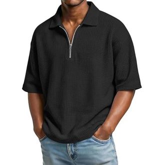 Generic Polo de sport pour homme avec fermeture &eacute;clair quart de fermeture &eacute;clair - Couleur unie - Haut gaufr&eacute; uni - T-shirt de sport &agrave; manches courtes - T-shi