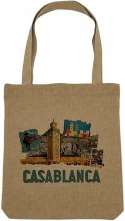 Fabulous Sac Shopping Tote Bag Aspect Lin - Casablanca Collage Voyage Maroc Carte Postale - Sac de Courses Toile Epaisse 360g Beige Naturel Cabas Port&eacute; Epaule 