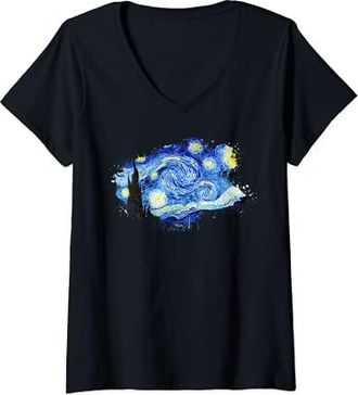 Smooth HQ Femme Van Gogh Nuit Étoilée Célèbre Art Classique Design Élégant T-Shirt avec Col en V