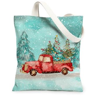 Generic Sacs fourre-tout en toile motif arbre de No&euml;l, motif camion rouge vintage, sacs d&eacute;picerie r&eacute;utilisables, rustiques, l&eacute;gers et lavables, Rouge, 13x15 I