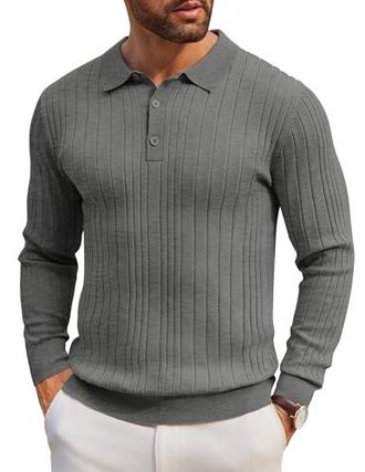 Coofandy Polo Jumper Hommes &agrave; Manches Longues Pull Maille Fine Sweatshirts Unis Tricot&eacute;S Jumper Sweater Gris XL