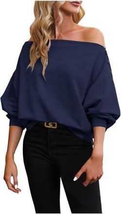 Generic Sweatshirt Sport Femme &agrave; Col Oblique- Haut &eacute;paules D&eacute;nud&eacute;es Manche Longue-Top Sexy D&eacute;Contract&eacute; Ample Couleur Unie Pullover Chic Et &eacute;l&eacute;gant Classique D