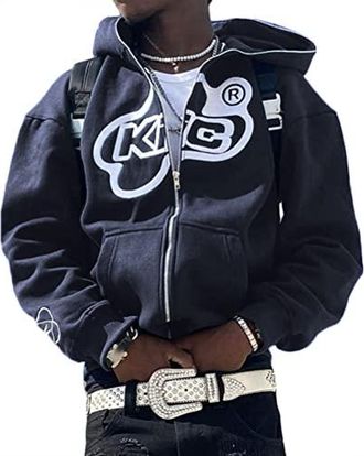 ORANDESIGNE Sweat &agrave; Capuche Homme Sweat-Shirt avec Fermeture &Eacute;clair Ample Imprim&eacute; Lettres Manche Longue Hip Hop Streetwear Zipp&eacute;e Veste &agrave; Capuche E-Girl Ann&eacute;es 90