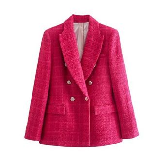 Generic Blazer en tweed &agrave; manches longues et double boutonnage ouvert sur le devant avec poches pour femme, Rouge, XXL