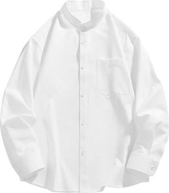 Generic Chemise pour homme &agrave; col grand-p&egrave;re &agrave; manches longues et col en lin - Coupe r&eacute;guli&egrave;re - Chemise de plage avec poche - Style d&eacute;contract&eacute; - Uni - Haut d
