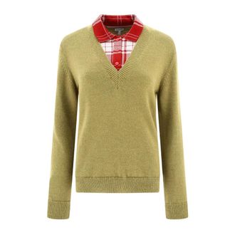 Loewe Femme, Pulls, Vert, Taille: 38 FR Pull &agrave; Col en V avec Sous-Couche &agrave; Carreaux