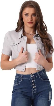 Allegra K Veste Jean Femme Rétro Blouson Denim Courte Boutonnage Col Revers & Taille Cintrée Manches Courtes Style Vintage Décontracté Gris L