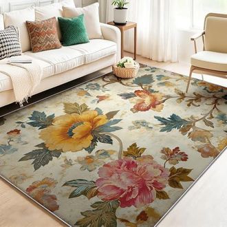 Generic Tapis Poils Ras 140 x 200 cm, Vintage Vieilli D&eacute;licat Floral R&eacute;sistant Tapis pour D&eacute;cor de Salon Chambre Adulte Salle &agrave; Manger Bureau Dressing R&eacute;sista