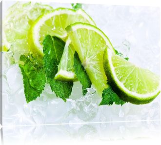Pixxprint Limetten und Minze im Eis, Größe: 80x60cm, Leinwandbild, fertig gespannt, Wandbild, Dekoration, Kunstdruck, kein Poster