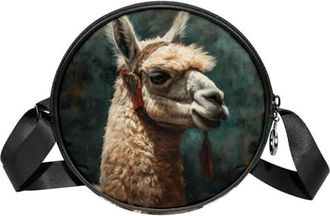 Generic Sac &agrave; bandouli&egrave;re rond pour femme, motif alpaga vintage, petit sac &agrave; bandouli&egrave;re avec fermeture &eacute;clair, bretelles r&eacute;glables, sac &agrave; main rond d&eacute;contrac