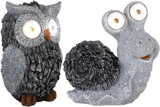 Globo Lighting Solar Gartenskulptur für Außen Gartendeko Schnecke Eule Figur Skulptur grau Akku, 1x Schnecke und 1x Eule, Kunststoff, 2x LED 3000K, 2er Set