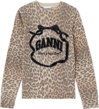 Ganni Femme, Pulls, Beige, Taille: 36 FR Pull en maille imprim&eacute; l&eacute;opard avec logo