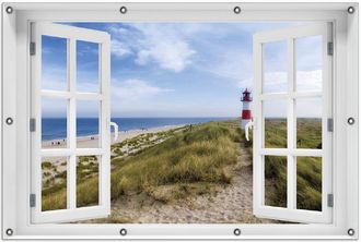 Wallario Outdoor-Poster für Garten oder Balkon Am Strand von Sylt Leuchtturm auf der Düne Panorama, Motivbanner Größe: ca. 100 x 150 cm mit Fenster-Illusion