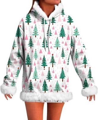 Generic Sweat à capuche de Noël en fausse fourrure imprimé flocon de neige pour femme, chandail de Noël mignon festif coupe ample avec poche hiver décontracté