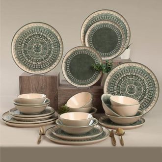 Hermia Elegant 24-Piece Ceramic Dinner Set, Green & Cream | 100% Stoneware, Antibacterial, Easy Clean, Thermal Shock Resistant | Dishwasher & Microwave Safe
