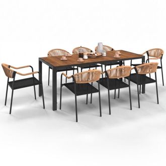 IDMarket Salon de jardin MADEIRA table 190 cm et 8 chaises cordage et textil&egrave;ne noir et rotin clair