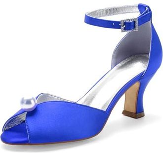 Generic Mariée À Talon Chaussures Femme Mariage Talons Bas Bout Ouvert Sandales Femme Été Talon Moyen 6.5Cm,Bleu,43 EU