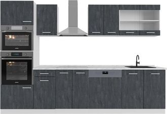 Vicco Küchenmöbel R-Line, Schwarz Beton/Weiß, 300 cm AP Marmor, Vicco