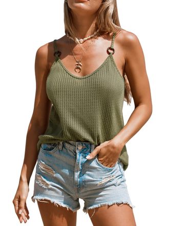 Cupshe Damen Tank Top V Ausschnitt Ärmellose Ringen Spaghetti Oberteile Cami Tee Bluse Shirt Sommer Vest Knit Tops Grün XS