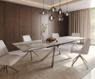 DELIFE Esstisch Edge 200-300x100 Keramik Minas Melange Weiß-Beige Kreuzgestell Rechteck Edelstahl ausziehbar, Esstische