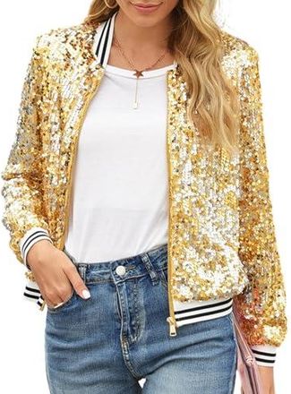 Generic Veste courte &agrave; paillettes pour femme - Ouvert sur le devant, manches longues et fermeture &eacute;clair - Manteaux d&eacute;contract&eacute;s &agrave; paillettes, v&ecirc;tements dext&eacute;