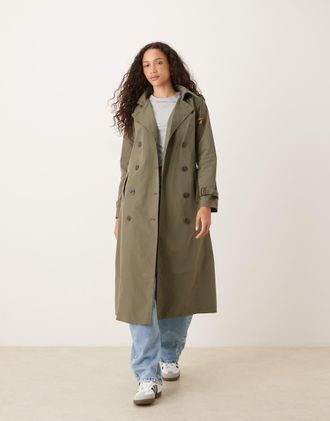 Brave Soul Trench-coat long &agrave; double boutonnage avec capuche amovible - Kaki clair-Vert
