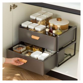 Generic 2er-Pack Stapelbarer Organizer und Aufbewahrungssystem Unter Den Waschbecken mit Griffen und Ger&auml;uschlosen Vollauszugschienen f&uuml;r K&uuml;che und Bad, Auszi