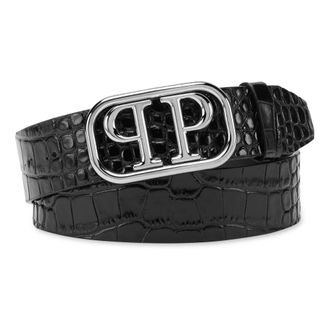Philipp Plein Leather Belt Crocco Print Shiny Skull - - Accessories - Herren - Schwarzk - 125 CM
