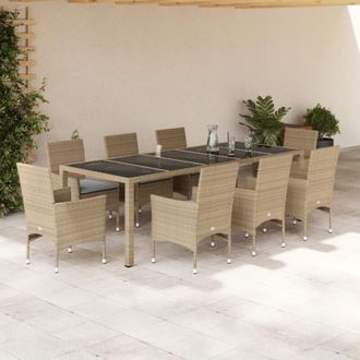 vidaXL 9-tlg. Garten-Essgruppe mit Kissen Beige Poly Rattan Glas Vidaxl