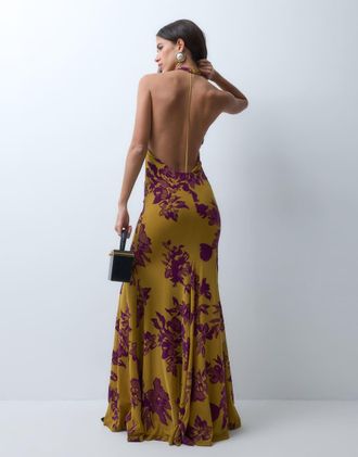 Asos robe longue en tulle floqu&eacute; &agrave; dos nu fendue, marron et prune-Multi