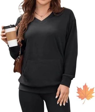 Generic Recollectk Sweat à capuche sans chapeau à col en V avec poches pour femme - Décontracté - Surdimensionné - Pull léger à manches longues en polaire, No