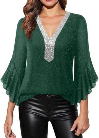 Generic Haut &agrave; paillettes scintillantes pour femme, haut de soir&eacute;e &eacute;l&eacute;gant, l&eacute;ger &agrave; manches &eacute;vas&eacute;es, col en V, chemisier en maille double couche, chemisier ba