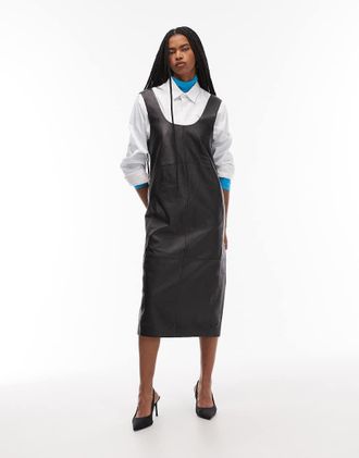 Mango Robe mi-longue sans manches en cuir &agrave; encolure carr&eacute;e - Noir