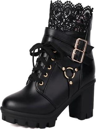 Generic Bottines de combat gothiques &agrave; lacets pour femme avec bout rond et talon bloc, chaussures avec fermeture &eacute;clair &agrave; larri&egrave;re et sangle &agrave; boucle, Noir, 4