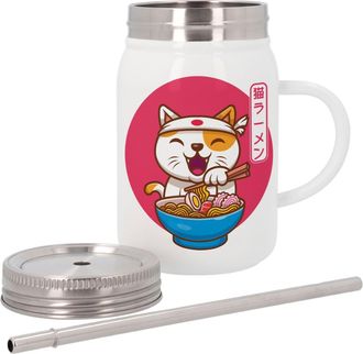 Fabulous Thermosbecher aus Edelstahl mit Deckel und Strohhalm - Neko Ramen Japan Katze Illustration Design Japan Anime - 500 ml - Thermobecher