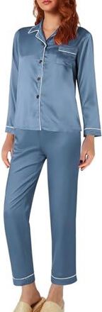 Generic Pyjama en satin de soie pour femme - Ensemble de pyjama en satin noir pour femme - Ensemble de pyjama soyeux long &agrave; boutons - Ensemble de pyjama soyeu