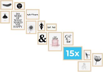 Photolini Bilderrahmen Set verschiedene Gr&ouml;&szlig;en, 15 Bilderrahmen Treppenaufgang Holz MDF Natur, Bilder Rahmen mit Acrylglas, Bilderrahmenset zum Aufh&auml;ngen, Fotor