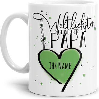 Tassendruck Keramik Tasse - Weltliebster Schwiegerpapa - zum selbst gestalten mit Name - Geschenk für den besten Schwiegerpapa - Weiß, 300 ml