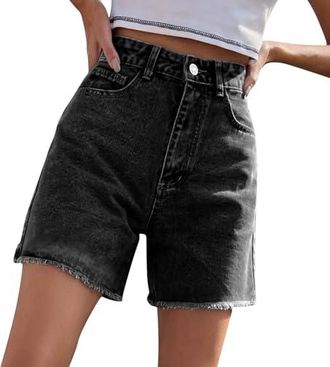 Generic Short en jean pour femme - Pantalon court en jean pour femme - Taille haute - Jean baggy - Jambe droite - Pantalon court d&eacute;t&eacute; - Noir et bleu - Avec po