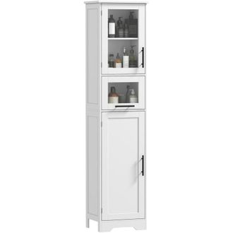 HOMCOM Meuble colonne salle de bain - HOMCOM - porte vitr&eacute;e - tiroir, 2 placards et &eacute;tag&egrave;re r&eacute;glable - MDF - 40 x 31 x 170 cm - blanc