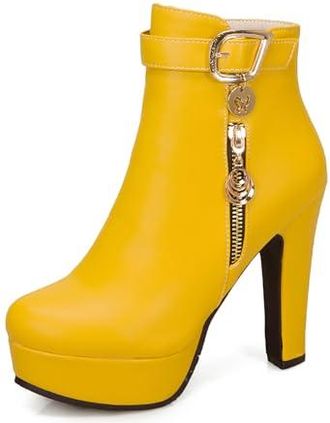 Generic Jaune,38 EU,Bottines à Plateforme pour Femmes, Talons Hauts et épais, Bout Rond, Tendance, Chaussures dautomne à Talons avec Boucle de Ceinture