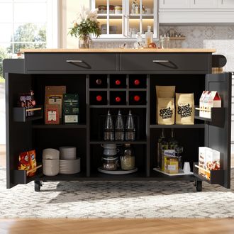 Merax K&uuml;cheninsel auf Rollen, K&uuml;chenwagen & K&uuml;chenschrank Holzoptik, Servierwagen mit Weinregal, Buffetwagen/Sideboard, mobiler Esstisch Schrank, Schwarz, 1