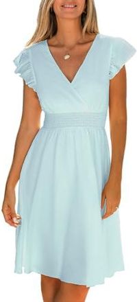 Cupshe Robe dété pour femme avec col en V et manches flottantes - Robe courte évasée - Style décontracté - Pour fête, mariage, bleu, XL