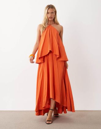 Asos robe longue dos nu &agrave; col halter &agrave; double &eacute;paisseur orange